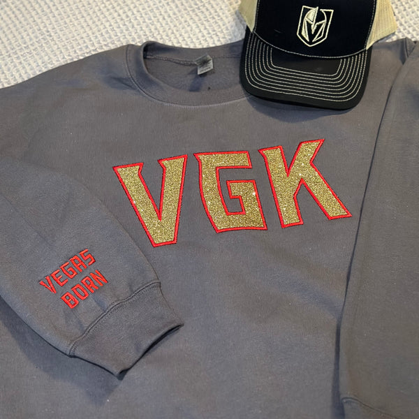 "VGK" Grey Glitter Embroidered Adult Sweatshirt – Bare Soles Moccs